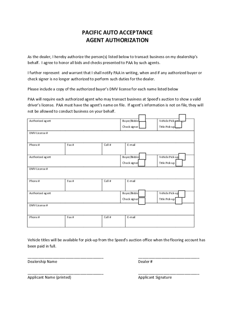 Fillable Online PACIFIC AUTO ACCEPTANCE AGENT AUTHORIZATION Fax Email ...