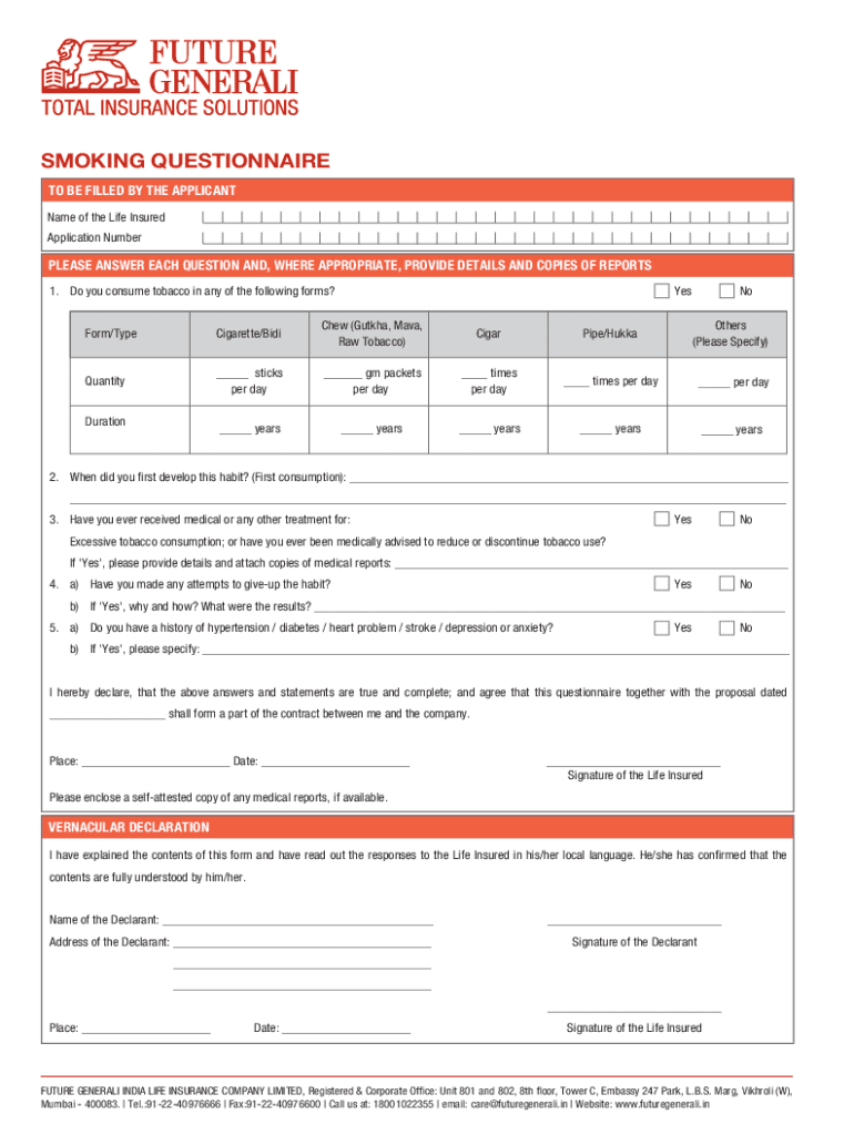 Fillable Online life futuregenerali Adult Tobacco Use Questions: List ...