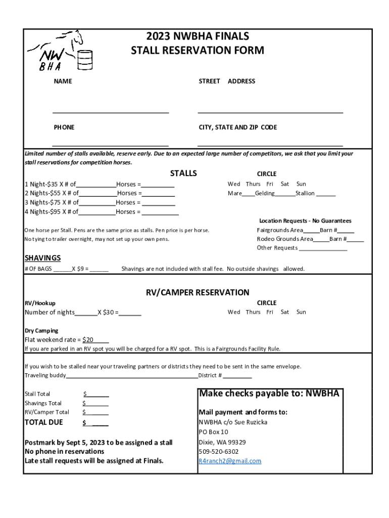 Fillable Online 2023 NWBHA FINALS STALL RESERVATION FORM Fax Email ...