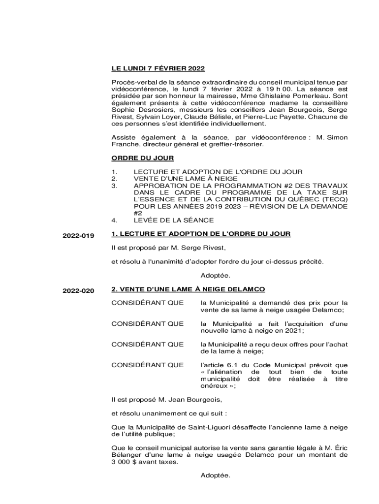Remplissable En Ligne procs-verbal de la sance ordinaire du conseil ... - Hampstead Fax Email ...