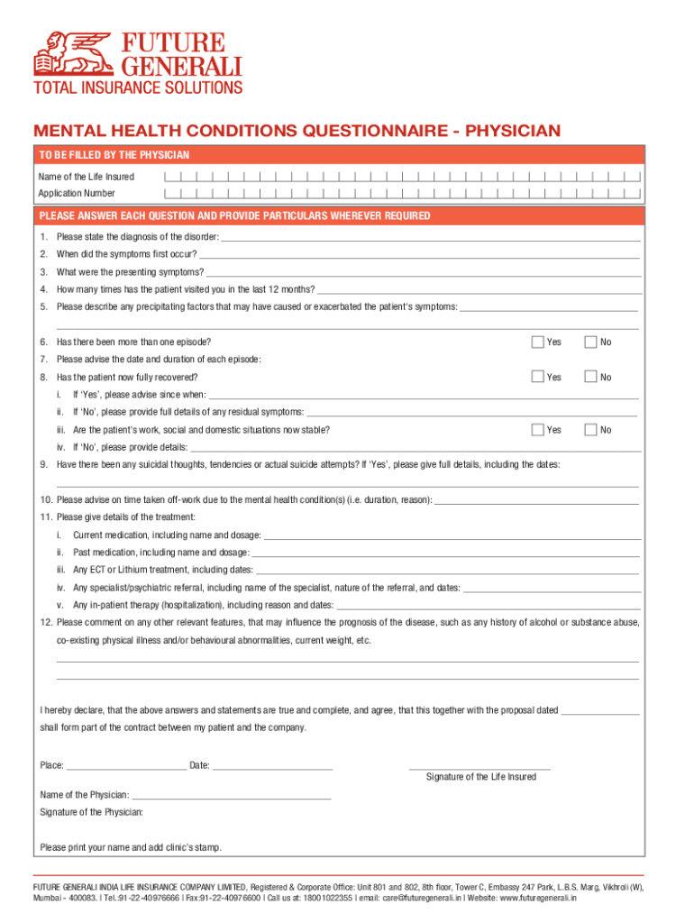 Fillable Online life futuregenerali Mental Health Questionnaire ...