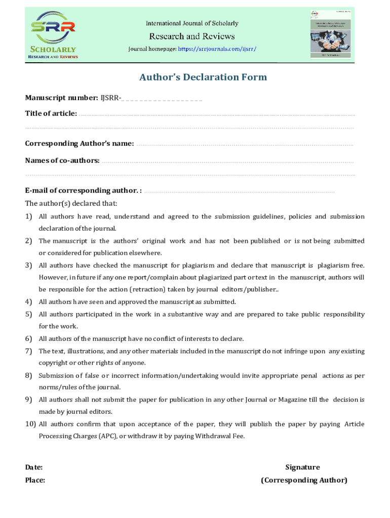 Fillable Online Authors Declaration form IJSRR. Authors Declaration ...