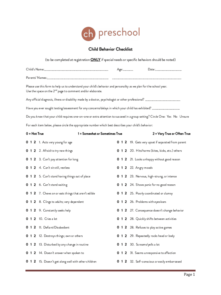 Fillable Online Child Behavior Checklist - for Registration.docx Fax ...