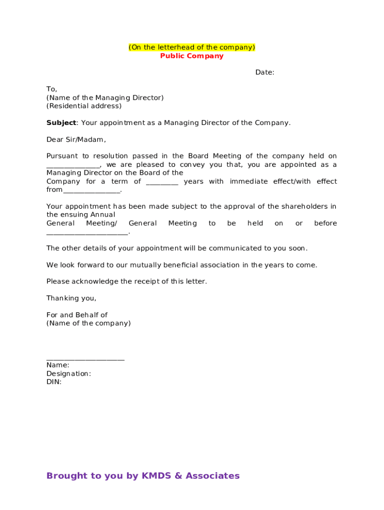 Free Appointment Letter for Managing Director Doc Template | pdfFiller