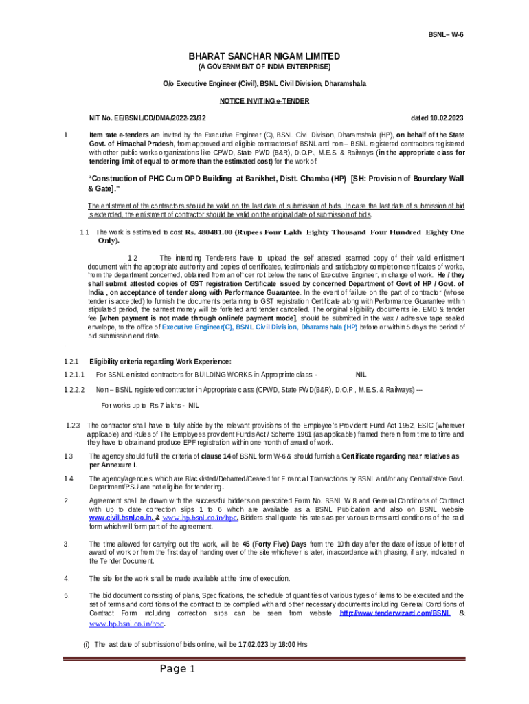 BHARAT SANCHAR NIGAM LIMITED Tender Document (NIT No Doc Template | pdfFiller