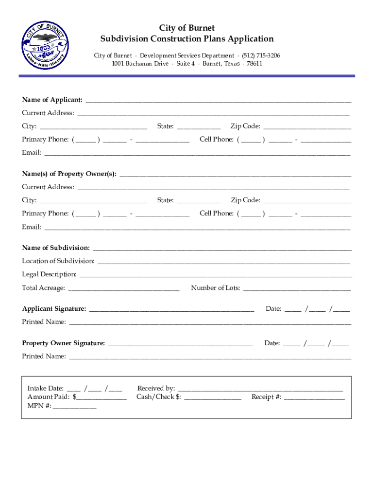 Fillable Online City of Burnet Subdivision Construction Plans ...