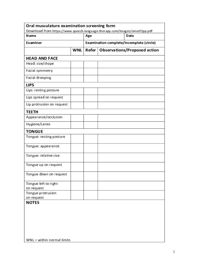 Fillable Online Oral musculature examination screening form WNL Refer ...