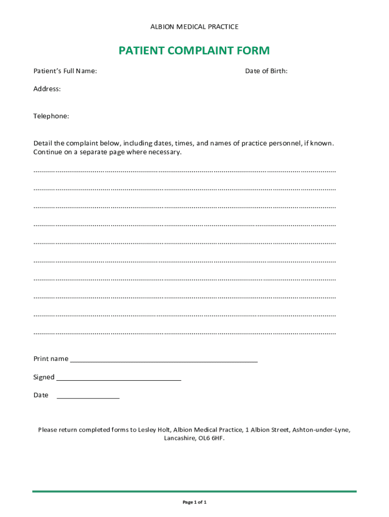 Fillable Online Patient Complaint Form - Ashton-under-Lyne Fax Email ...