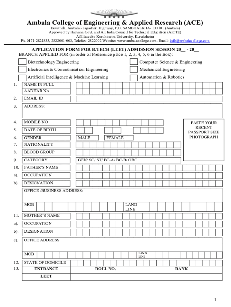 Fillable Online Ambala College of Engineering and Applied Research ...