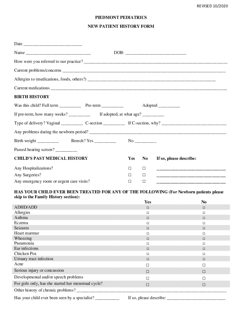 Fillable Online New-patient-history-form-102020.pdf - Piedmont Pediatrics Fax Email Print ...