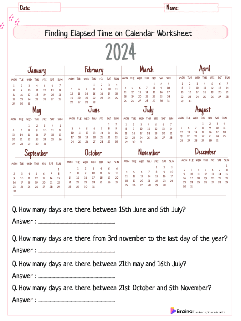 Fillable Online Worksheet on Elapsed time on a Calendar Fax Email Print ...