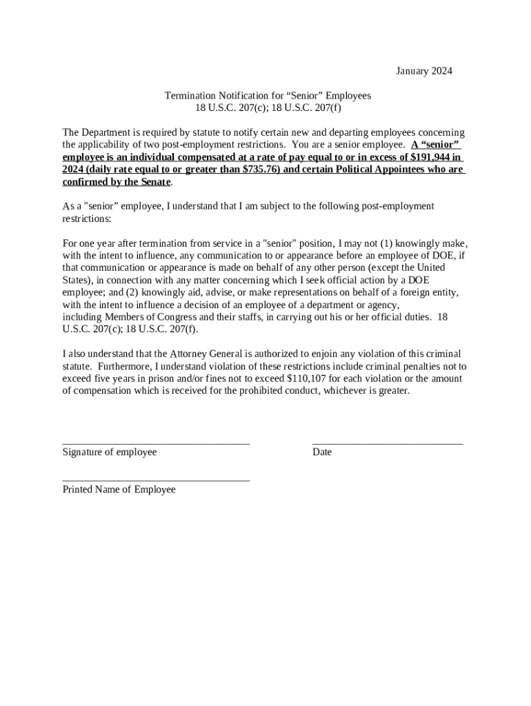 Senior Employee Termination Restrictions ... Doc Template | pdfFiller