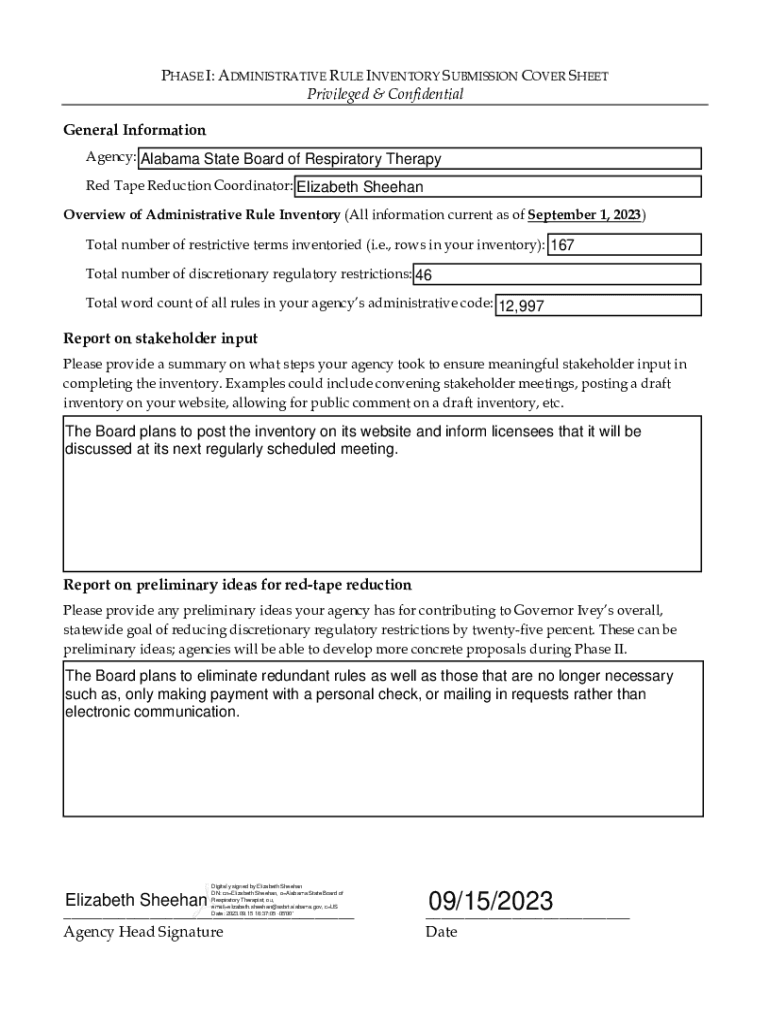 Fillable Online Phase I Administrative Rule Inventory Submission Cover ...