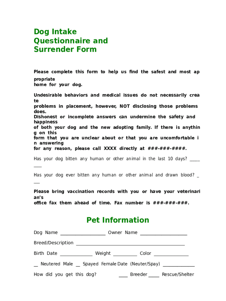 Dog Intake Questionnaire and Surrender Doc Template | pdfFiller