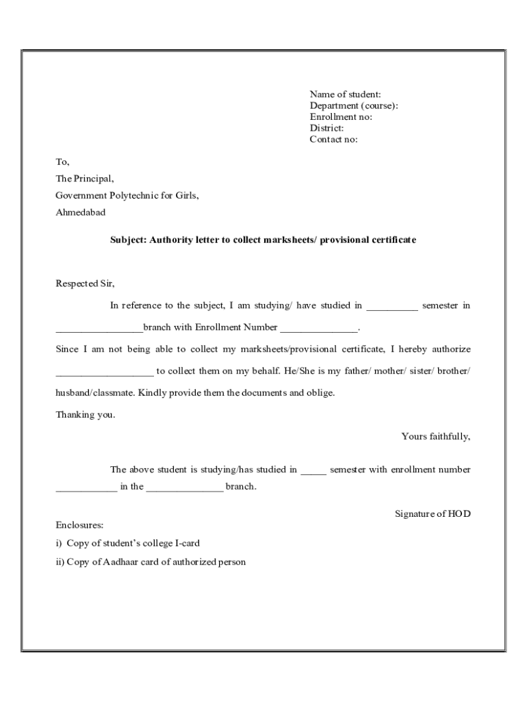 Fillable Online Authority letter to collect marksheets/ provisional ...
