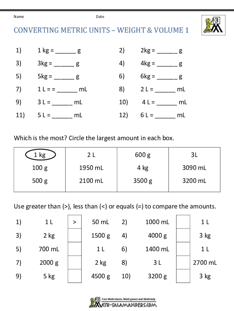 Fillable Online Grade 3 Measurement Worksheet - Metric units of mass ...