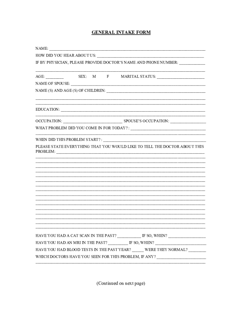 Fillable Online GENERAL INTAKE FORM (Continued on next page) Fax Email ...