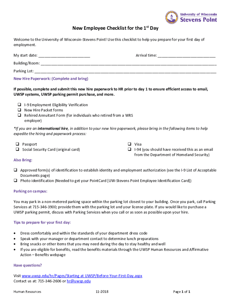 Fillable Online New Employee Checklist for the 1st Day - UW-Stevens Point Fax Email Print ...