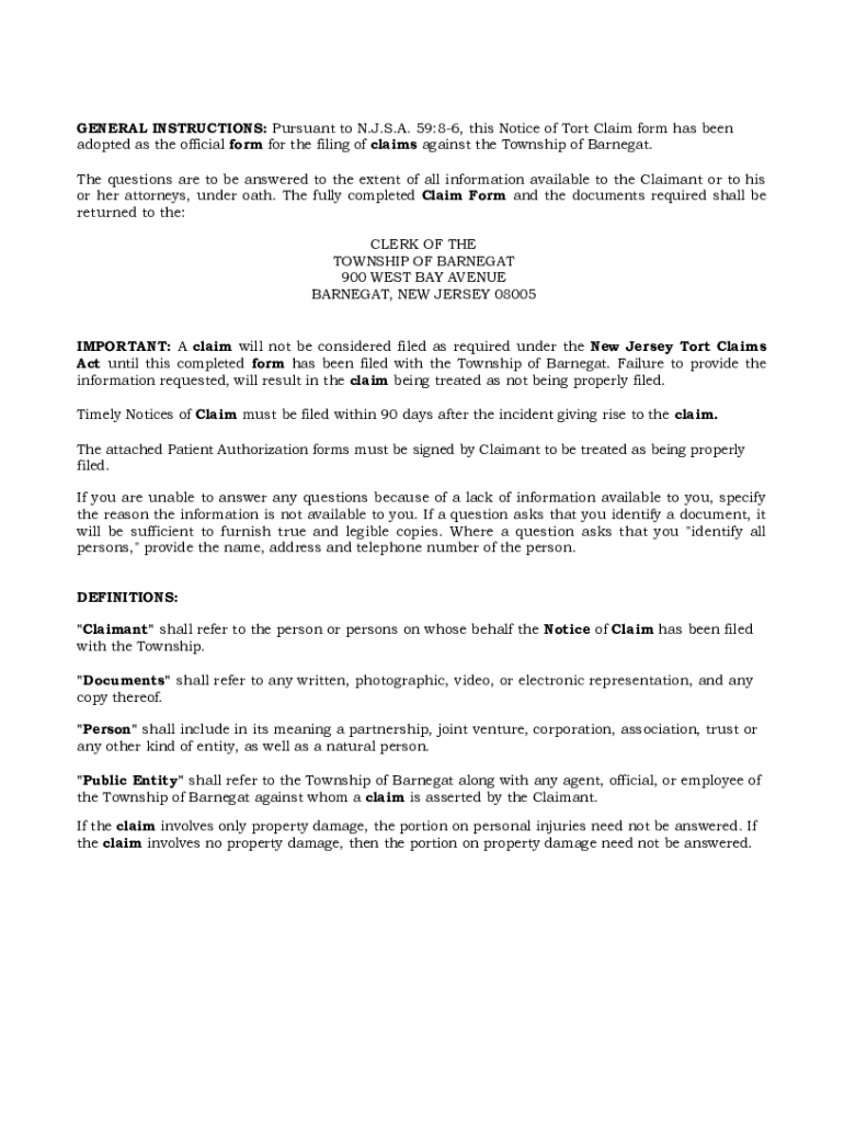 Fillable Online Notice of Tort Claim Form - Millburn Township Fax Email ...