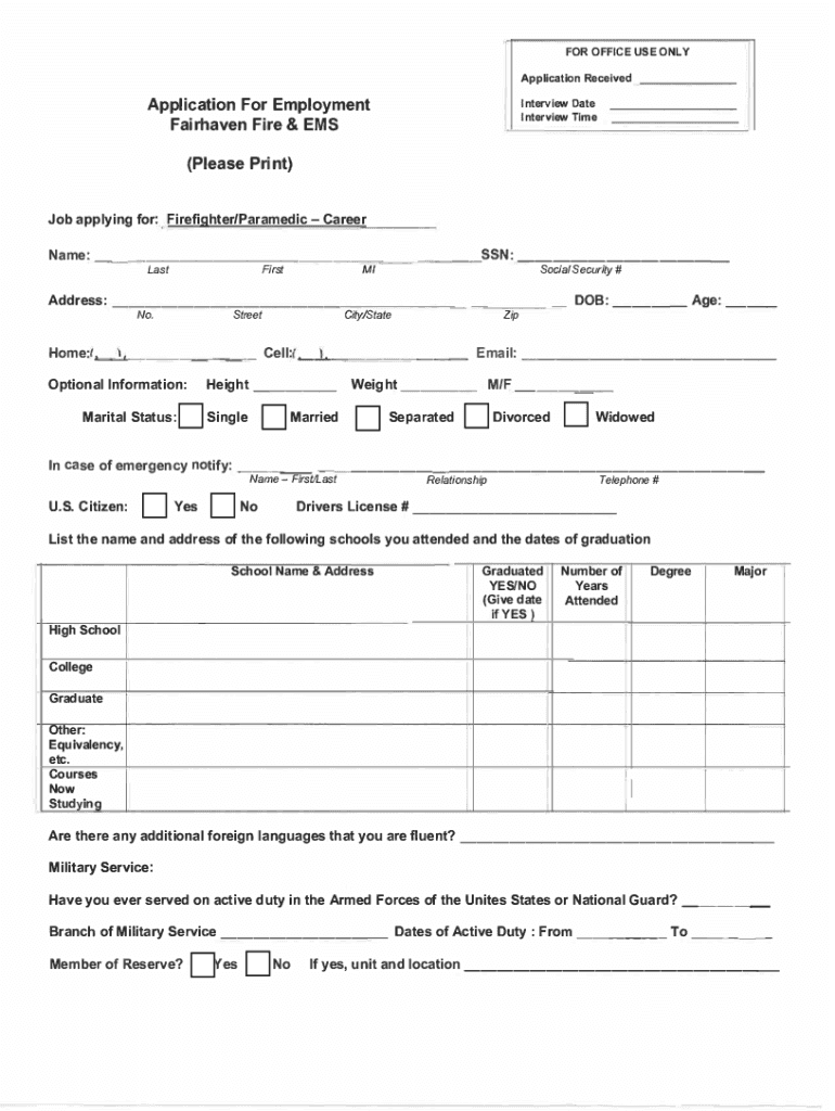 Fillable Online Application For Employment Fairhaven Fire & EMS (Please ...