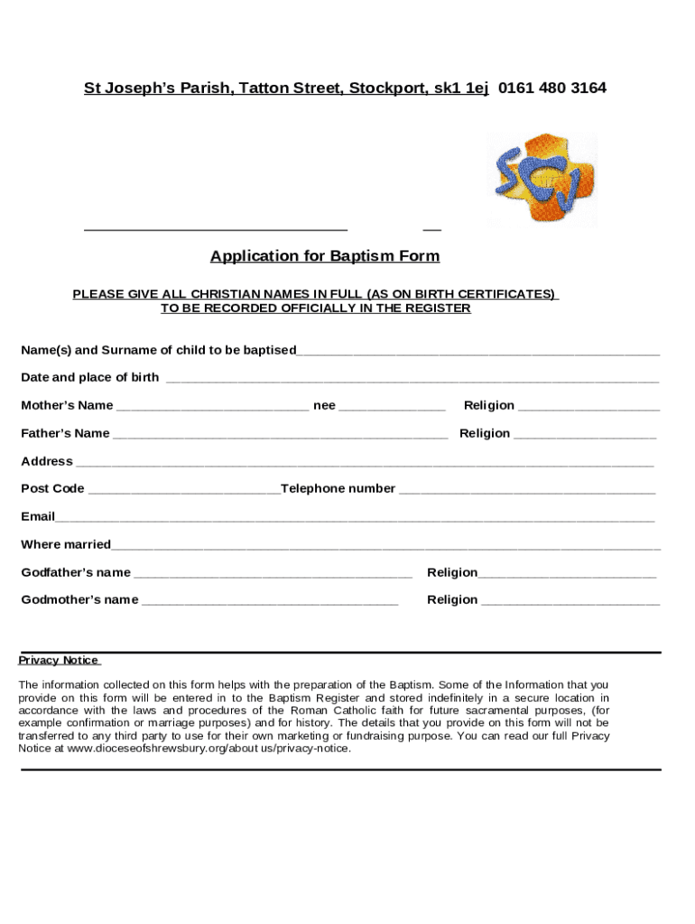 application for baptism - St Joseph's, Malvern Doc Template | pdfFiller