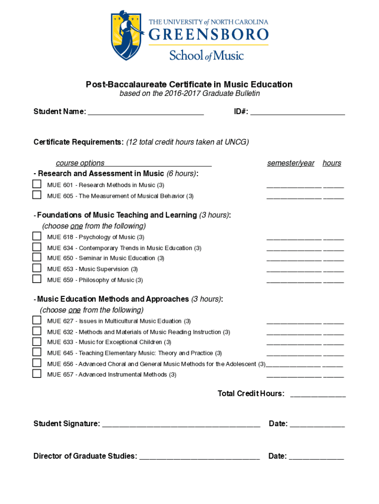 Fillable Online vpa uncg Post-Baccalaureate Certificate in Music ...
