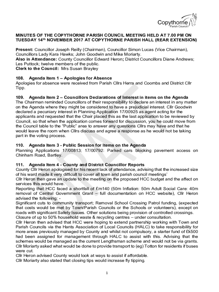 Fillable Online TUESDAY 14th NOVEMBER 2017 AT COPYTHORNE PARISH HALL ...