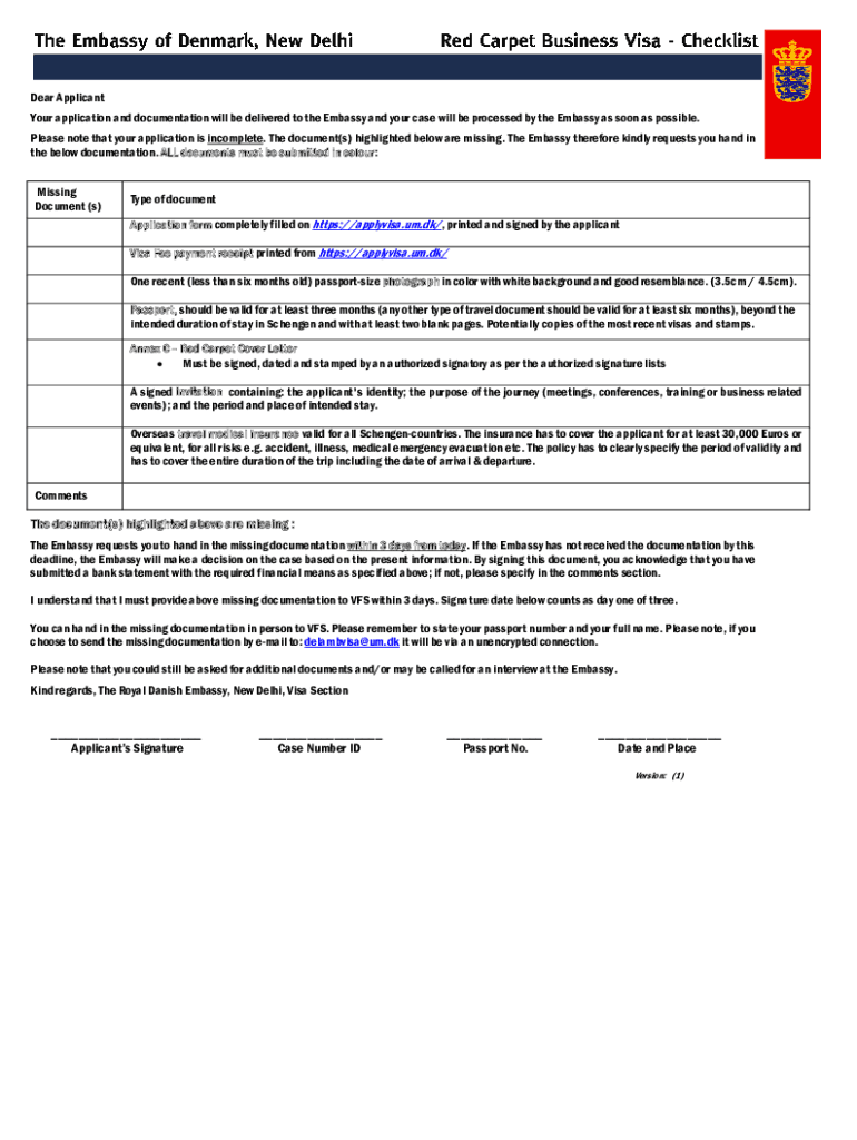 Fillable Online Denmark Visa Checklist Red Carpet Applicants Fax Email ...