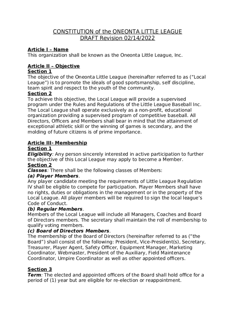 CONSTITUTION of the ONEONTA LITTLE LEAGUE Doc Template | pdfFiller