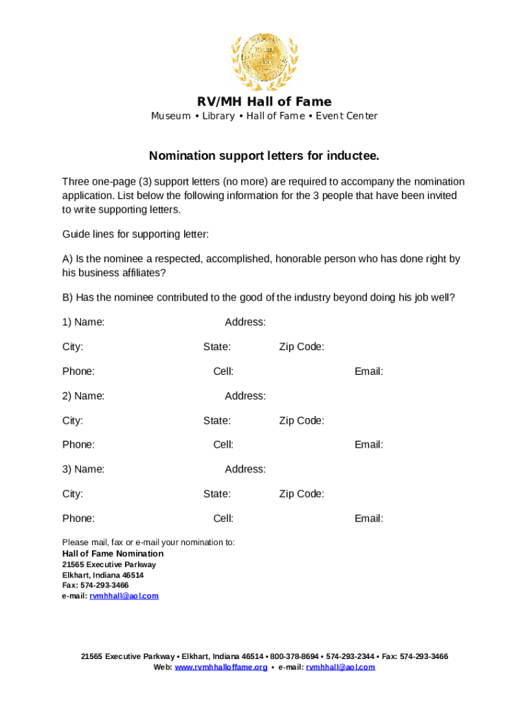Nomination support letters for inductee. Doc Template | pdfFiller