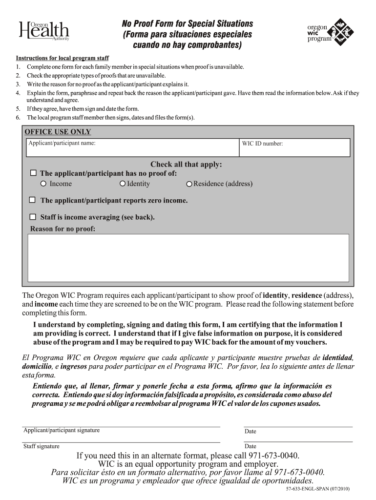 Fillable Online public health oregon No Proof Form for Special ...