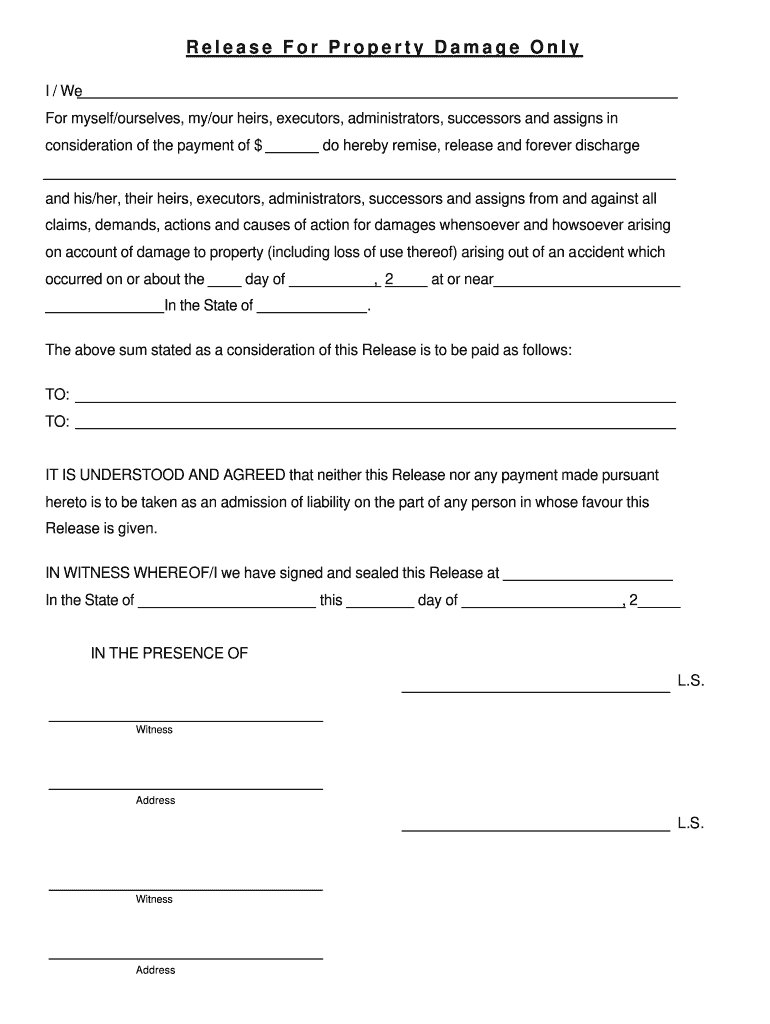 OH Release For Property Damage Only Fill And Sign Printable Template