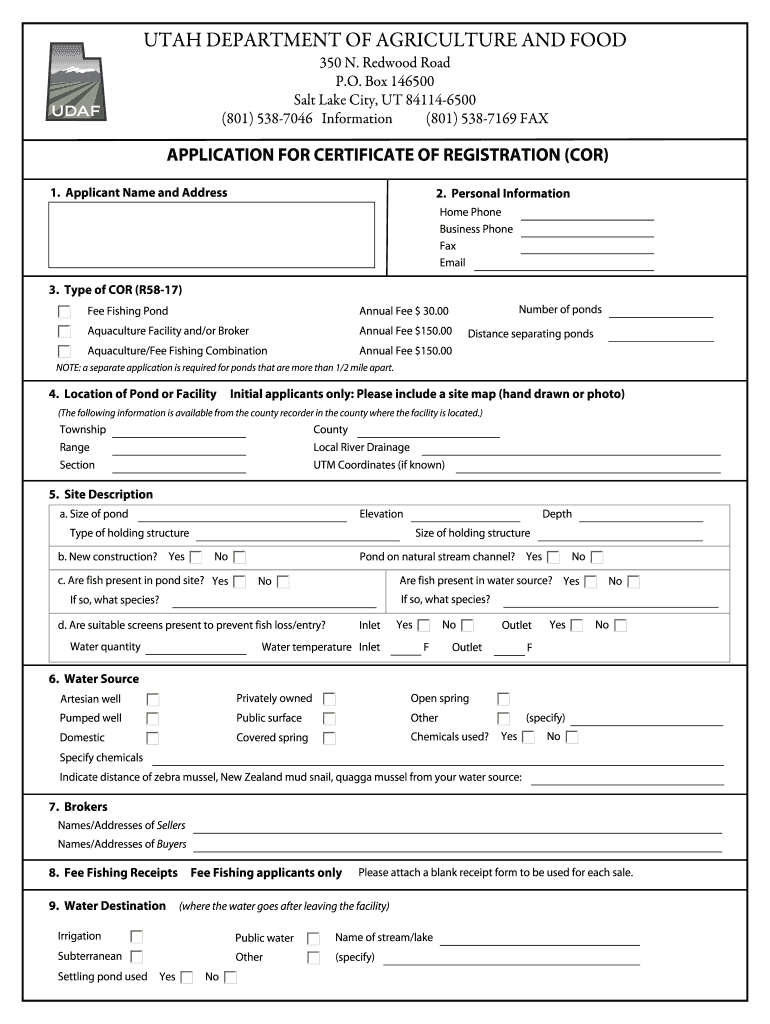 Fillable Online ag utah (COR) Application Form - Utah Department of ...