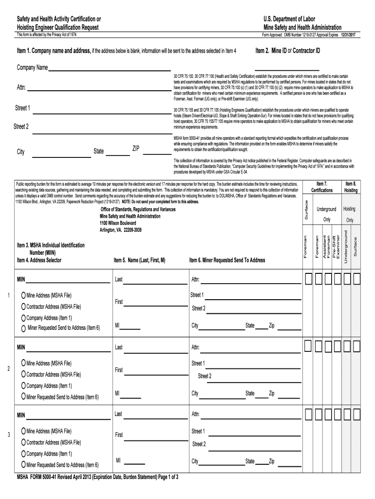 Fillable Online msha Health Activity Certification or Hoisting Engineer ...
