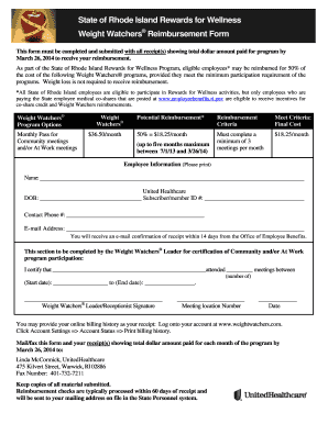 Fillable Online wellness ri Weight Watchers Reimbursement Form - wellness ri Fax Email Print ...