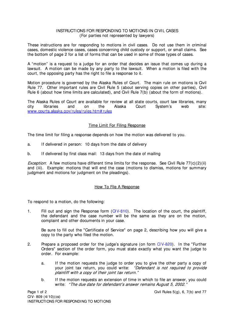 Fillable Online CIV-809 Instructions for Responding To Motions Civil ...