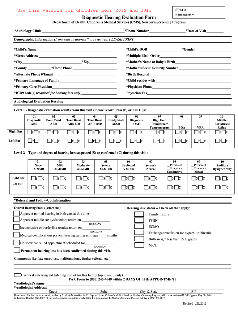 Fillable Online Diagnostic Hearing Evaluation Form Use this version for ...