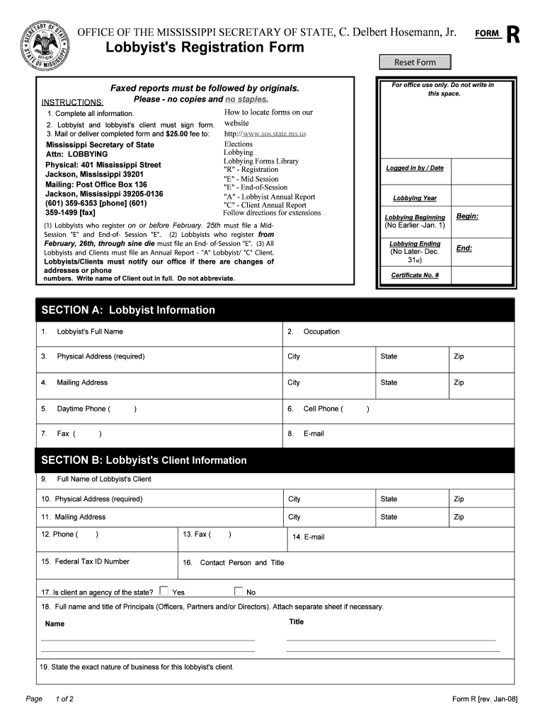 Fillable Online sos ms Lobbyist's Registration Form Fax Email Print ...