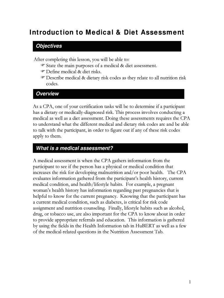 Fillable Online health minnesota Medical and Diet Assessment module ...