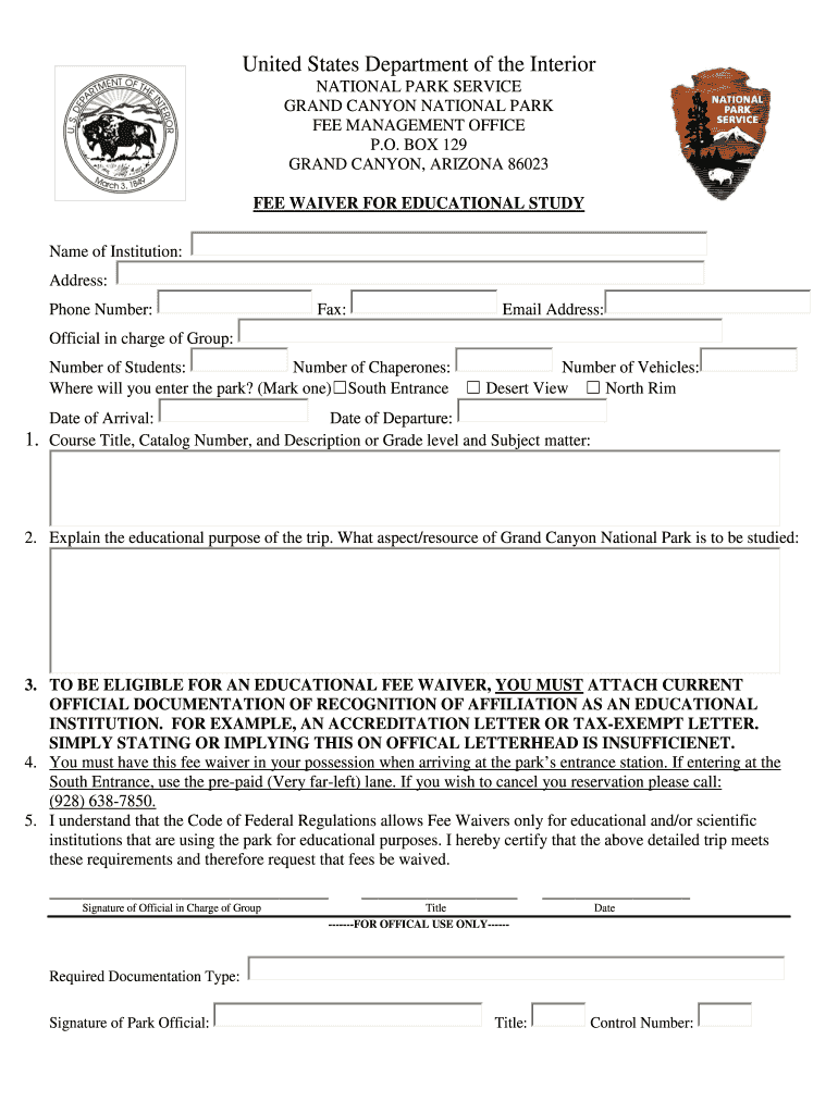 Fillable Online nps Fee Waiver for Educational Study - National Park ...