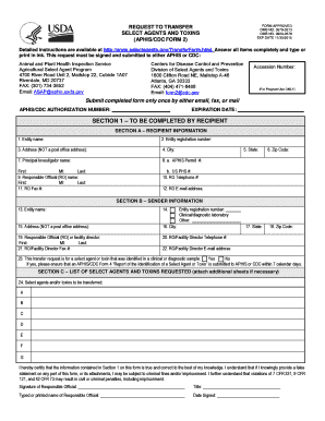 Fillable Online selectagents APHIS-CDC Form 2 Request to Transfer ...