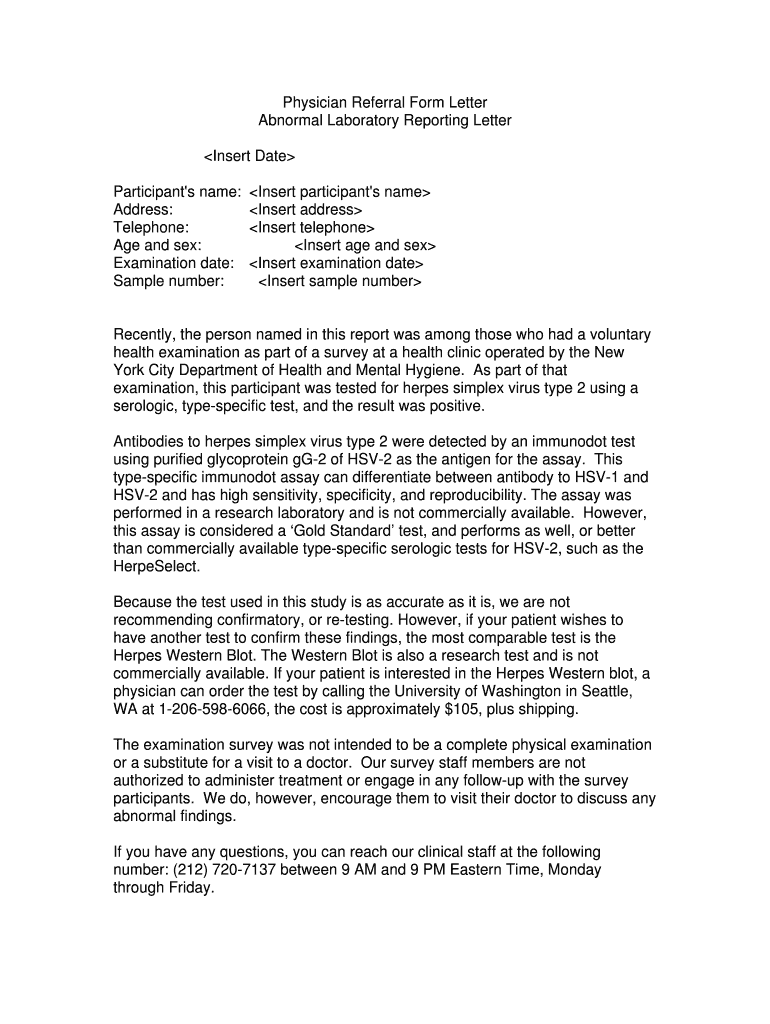 Fillable Online nyc Physician Referral Form Letter Abnormal Laboratory ...