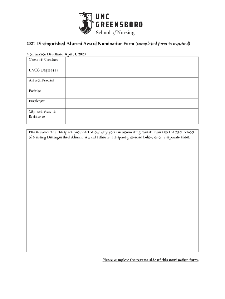 Fillable Online nursing uncg 2021 Distinguished Alumni Award Nomination Form (completed ... Fax ...