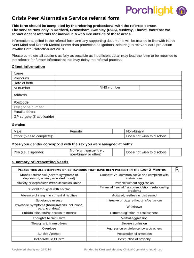Crisis Peer Alternative Service referral Doc Template | pdfFiller