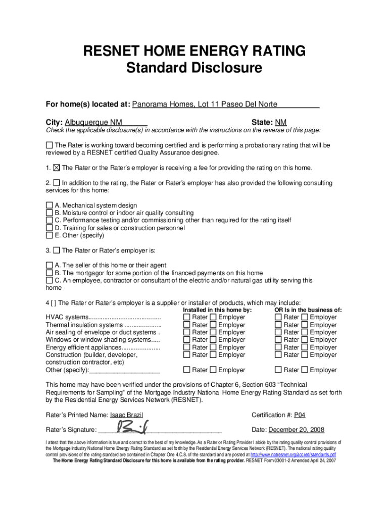 Fillable Online Home Energy Rating Standard Disclosure Form - RESNET ...