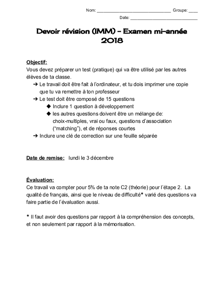 Remplissable En Ligne Devoir rvision (IMM) - Examen mi-anne Fax Email Imprimer - pdfFiller