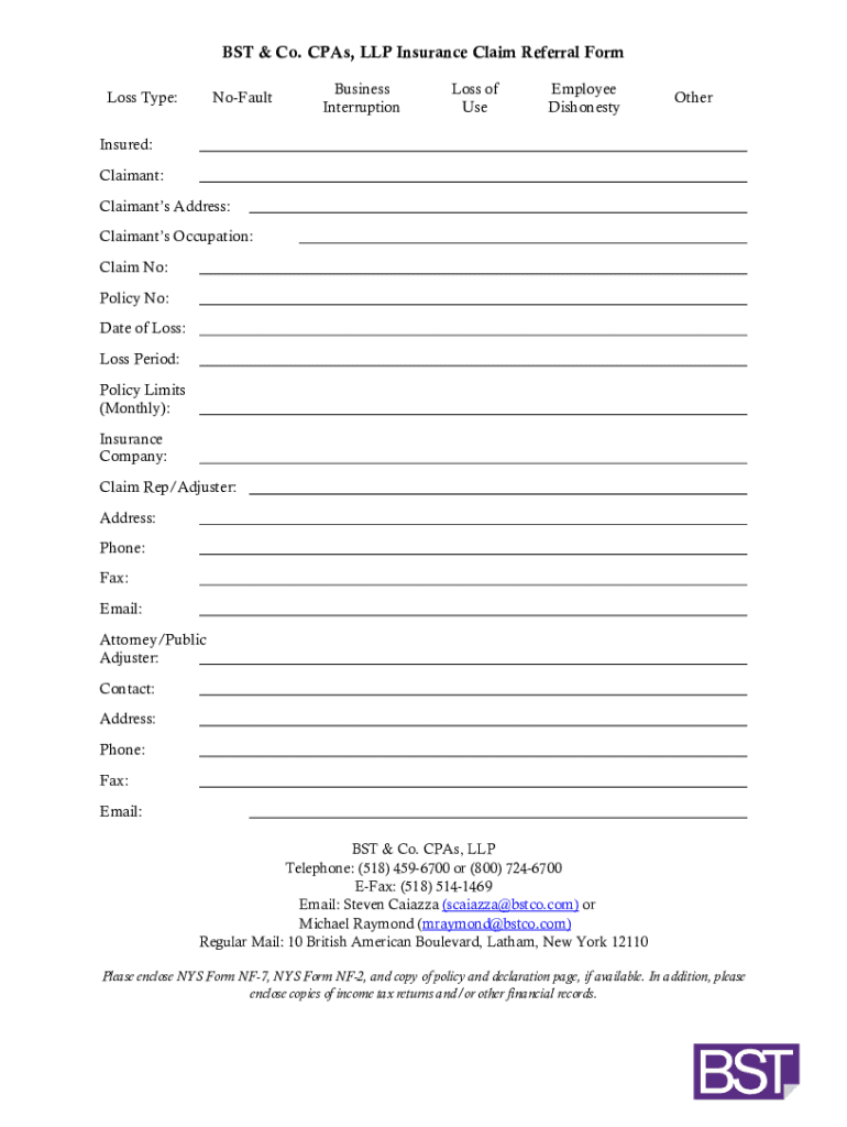 Fillable Online BST & Co. CPAs, LLP Insurance Claim Referral Form Fax ...