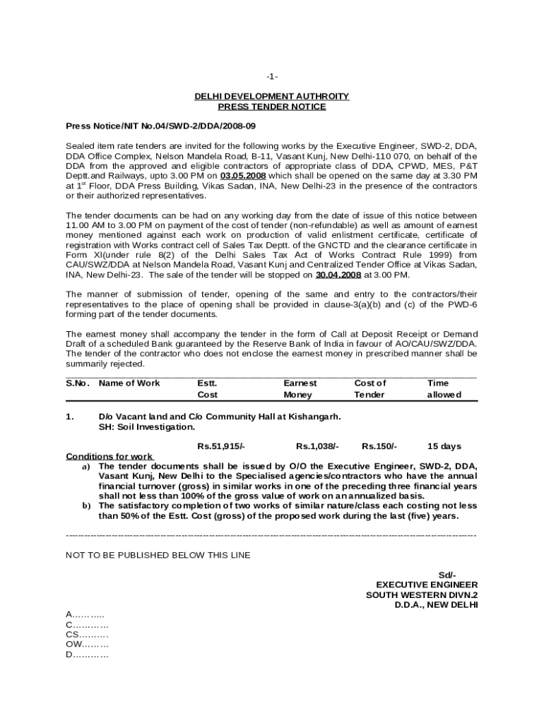 short notice inviting tender - Delhi Development Authority Doc Template | pdfFiller
