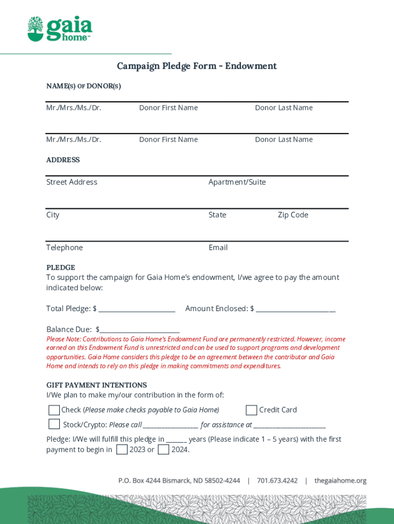 Fillable Online Campaign Pledge Form - Endowment - GAIA Home Fax Email ...