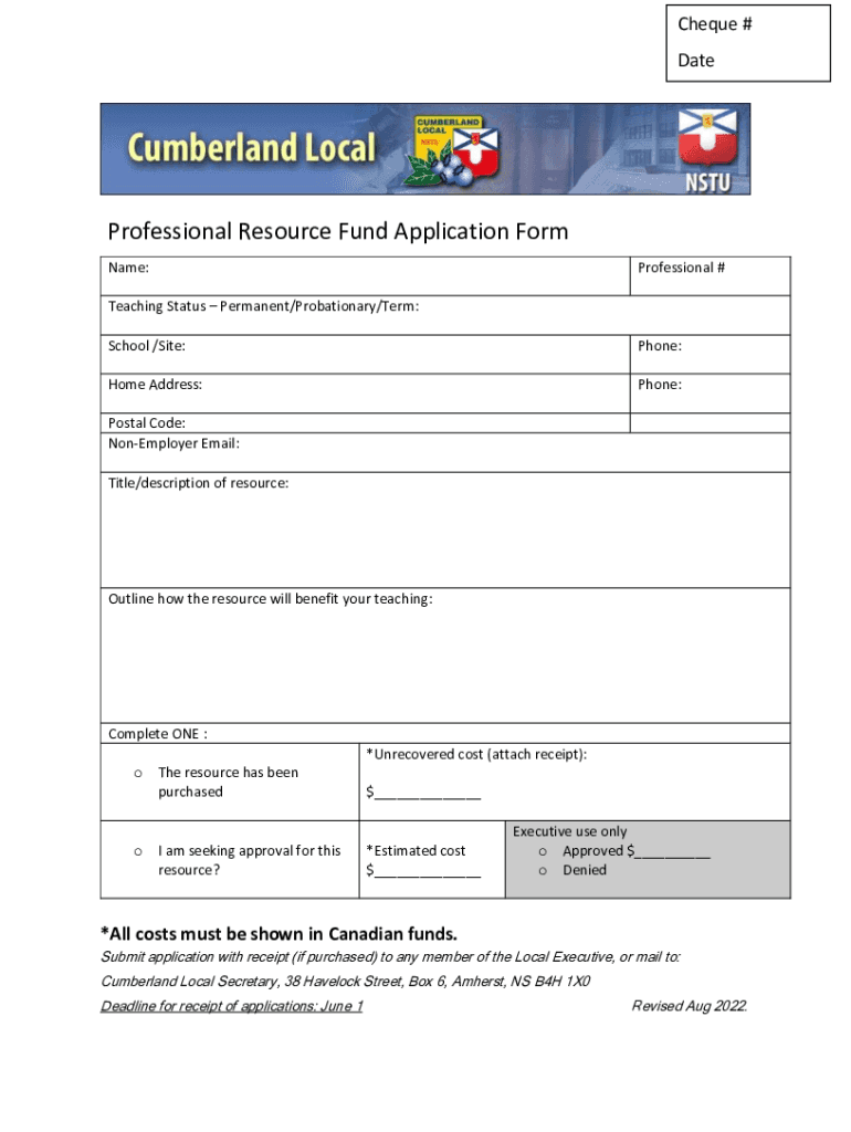 Fillable Online cumberland nstu Professional Resource Fund Application Form Fax Email Print ...